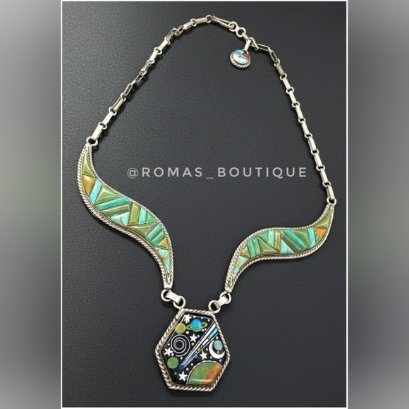 Zuni | Jewelry | Vintage Zuni Inlay Geometric Sterling Silver Necklace ...